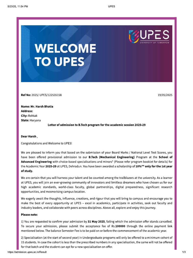 Upes Offer Letter | PDF