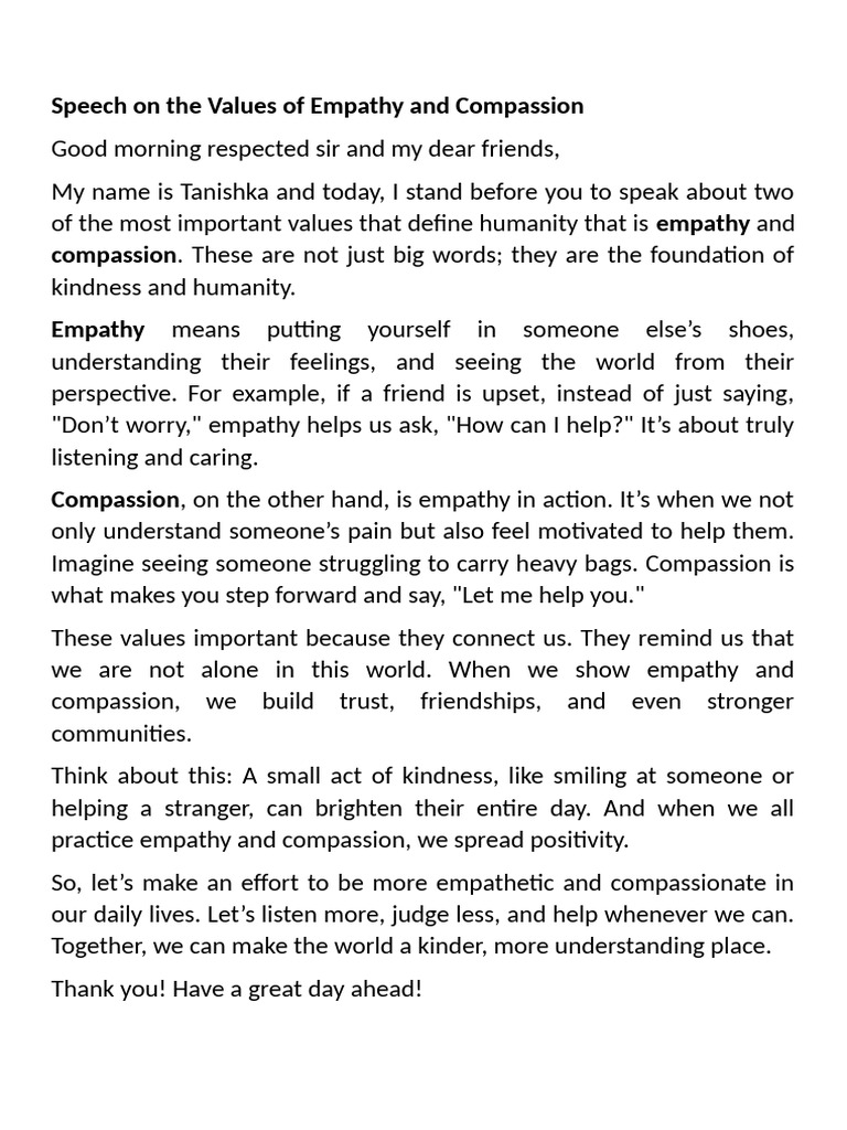 Speech On The Values of Empathy and Compassion | PDF
