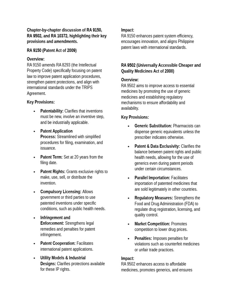 Overview of RA 9150, 9502, and 10372 | PDF | Patent | Generic Drug