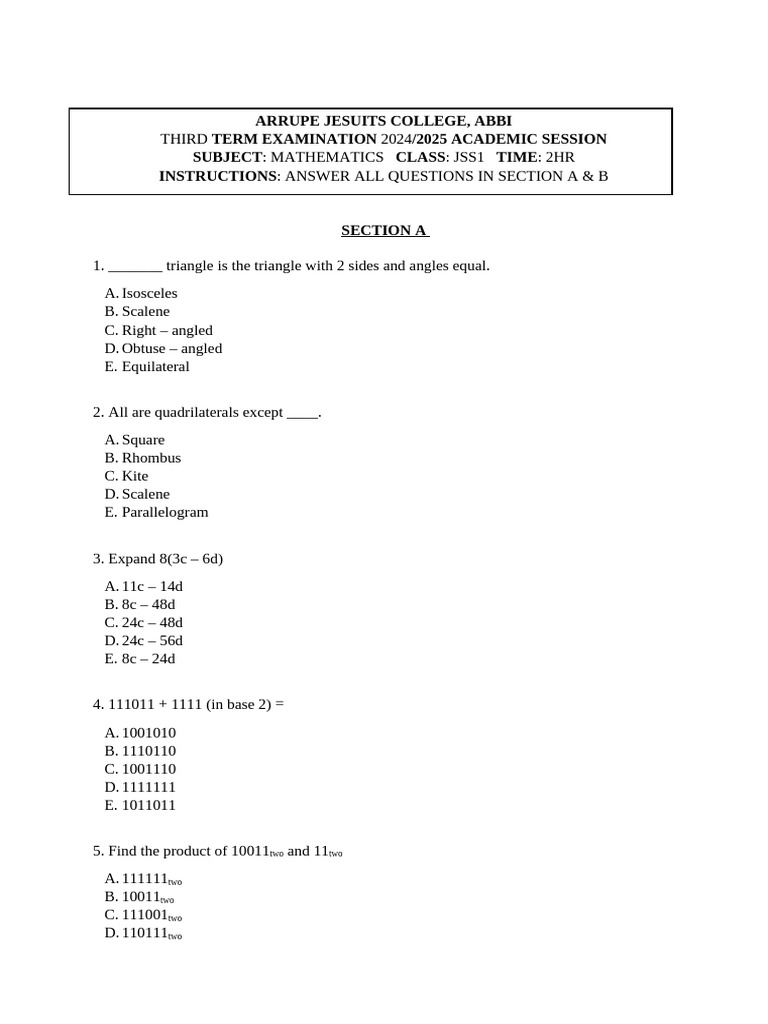 Jss1 3rd Term Exam Math | PDF | Triangle | Angle