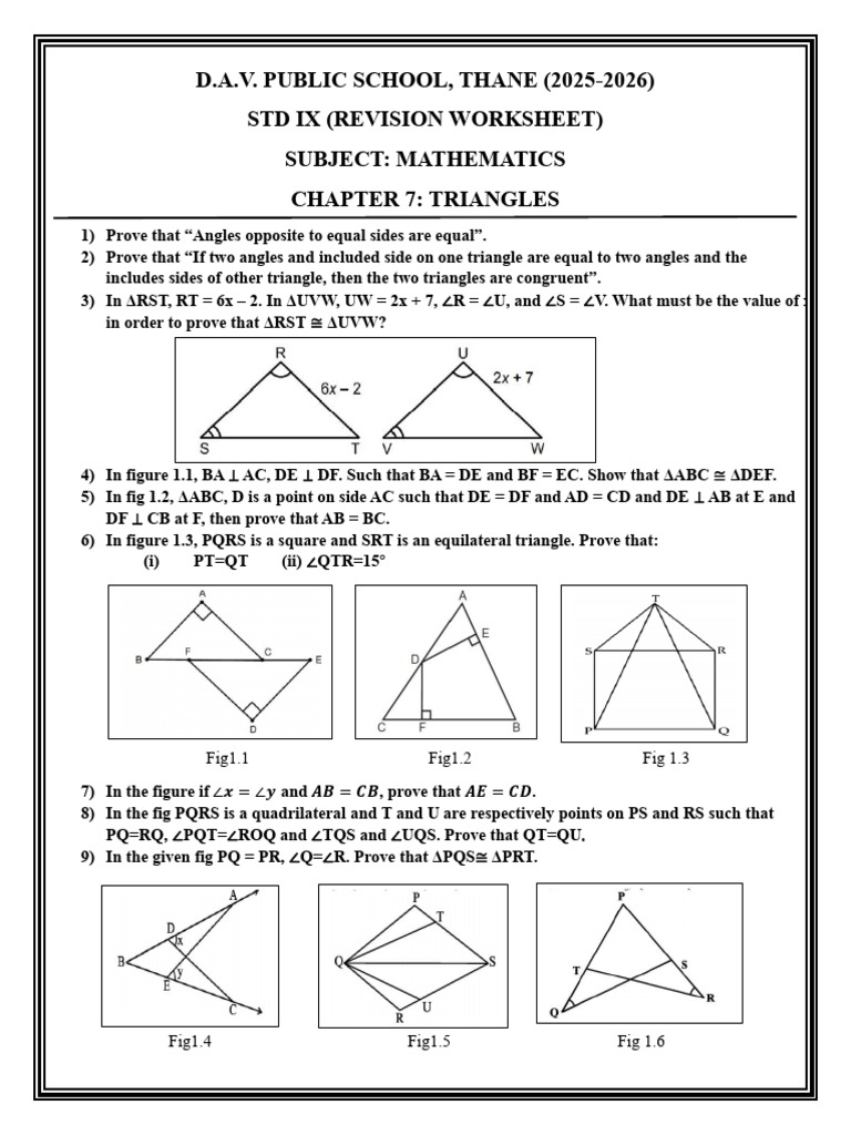 Revision Worksheet IX CH-7 Triangles | PDF | Triangle | Euclidean Geometry