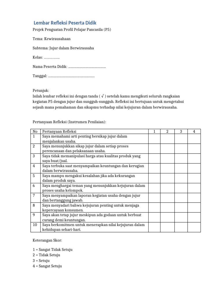 Refleksi Kejujuran Berwirausaha P5 | PDF