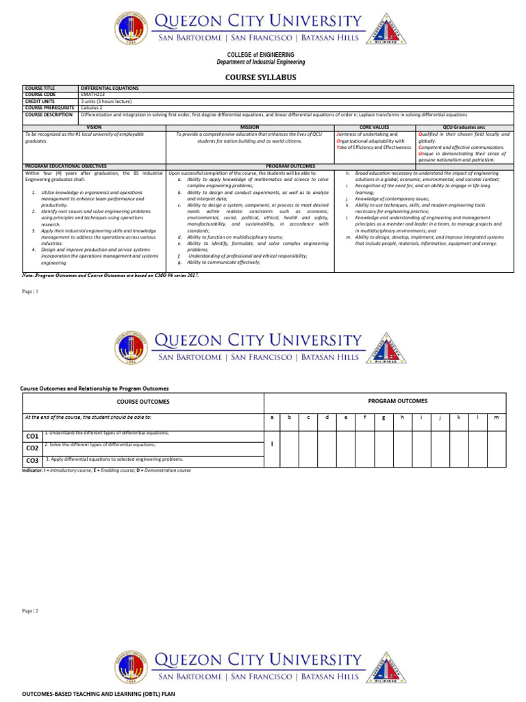 Differential Equations Course Syllabus | PDF | Engineering ...