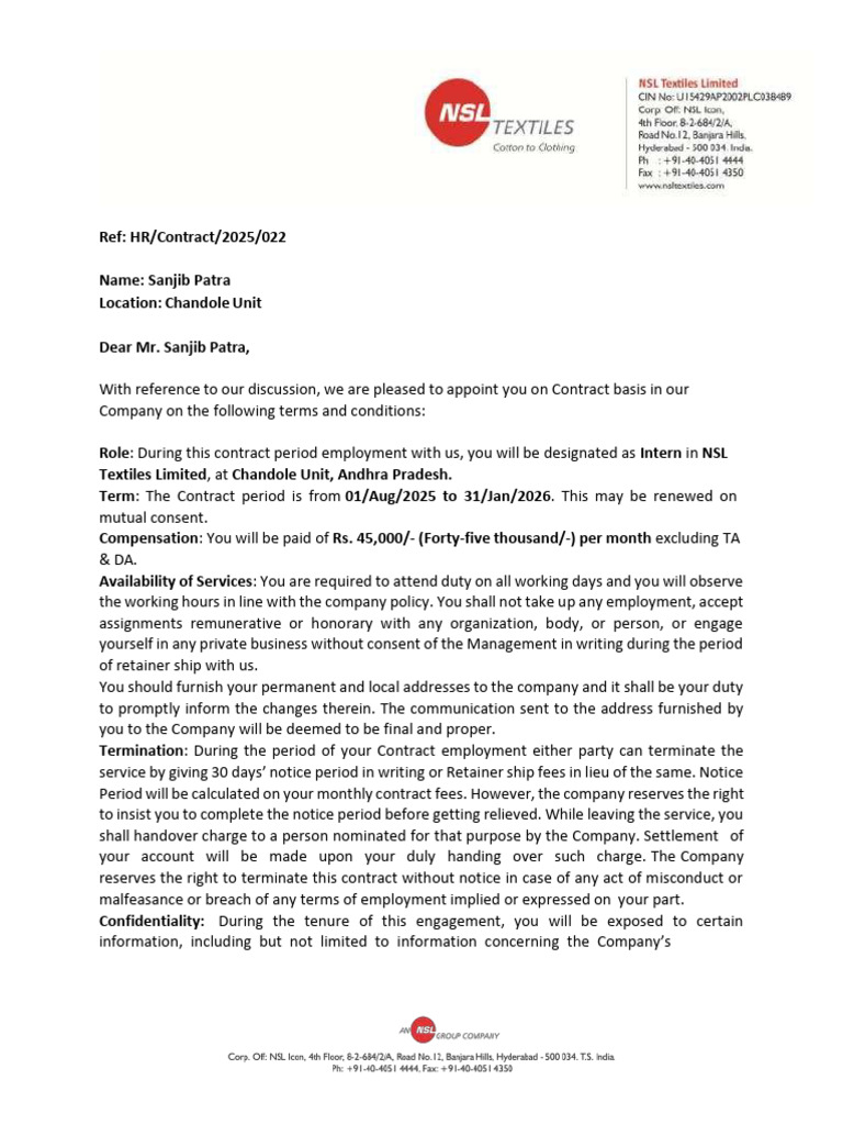 NSL Textile Offer Letter | PDF | Employment | Confidentiality