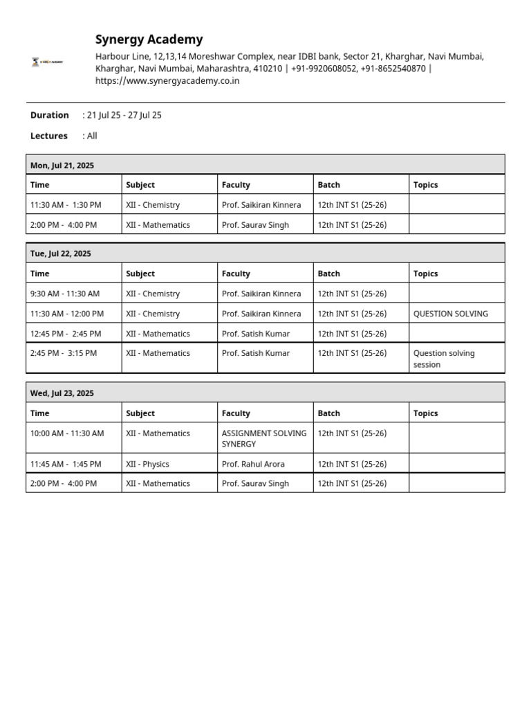 Kharghar 12th STD INT S1 Batch Timetable | PDF