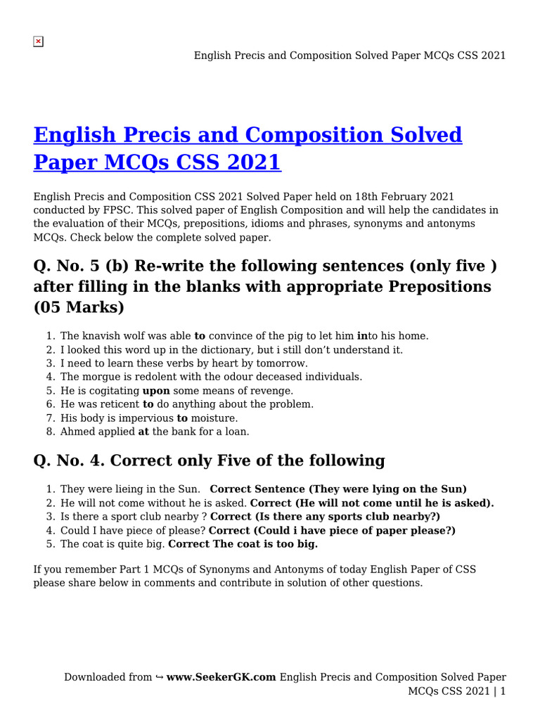 CSS 2021 English Precis Solved Paper | PDF | Grammar | Linguistics