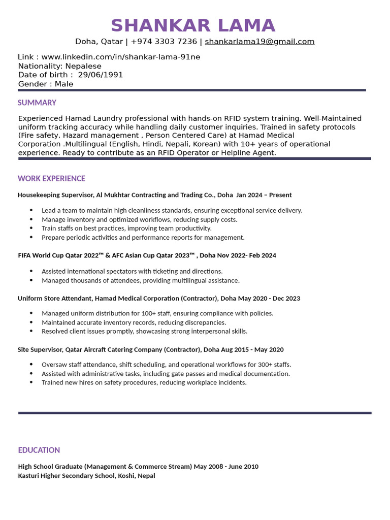 Shankar Lama 05220@resume | PDF | Doha | Qatar