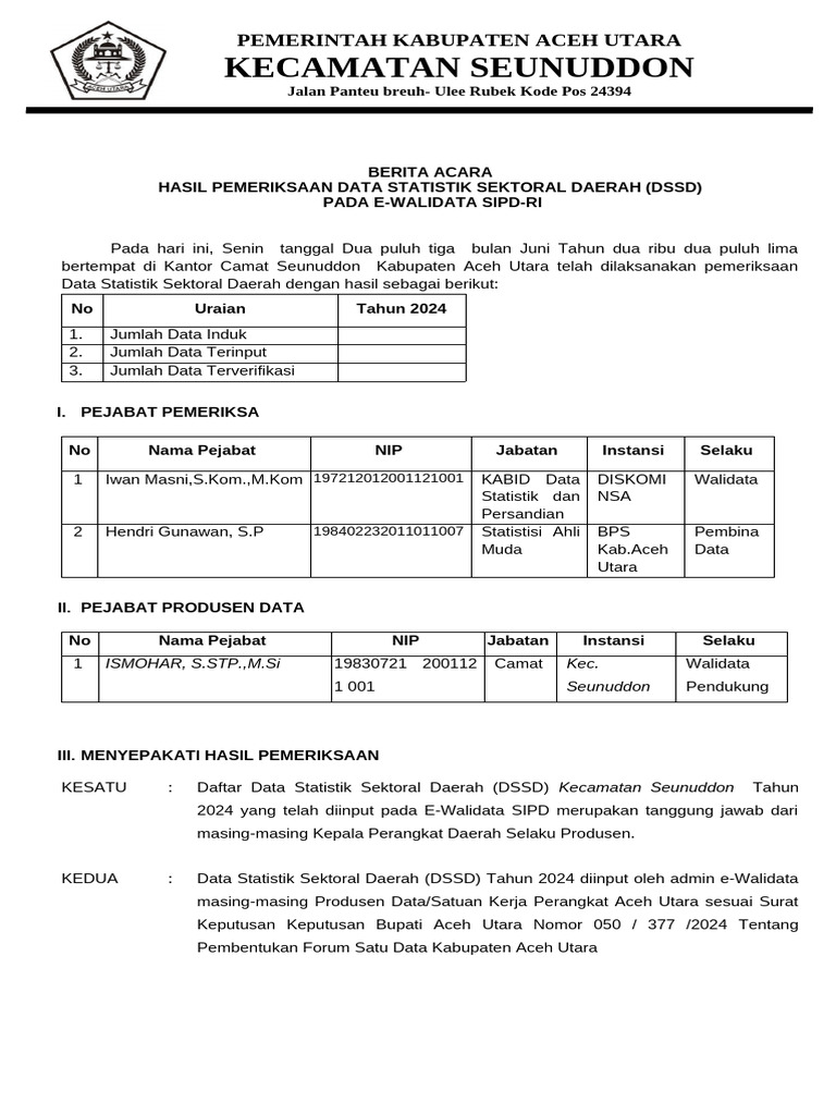 Berita Acara Pemeriksaan Data E-Walidata | PDF