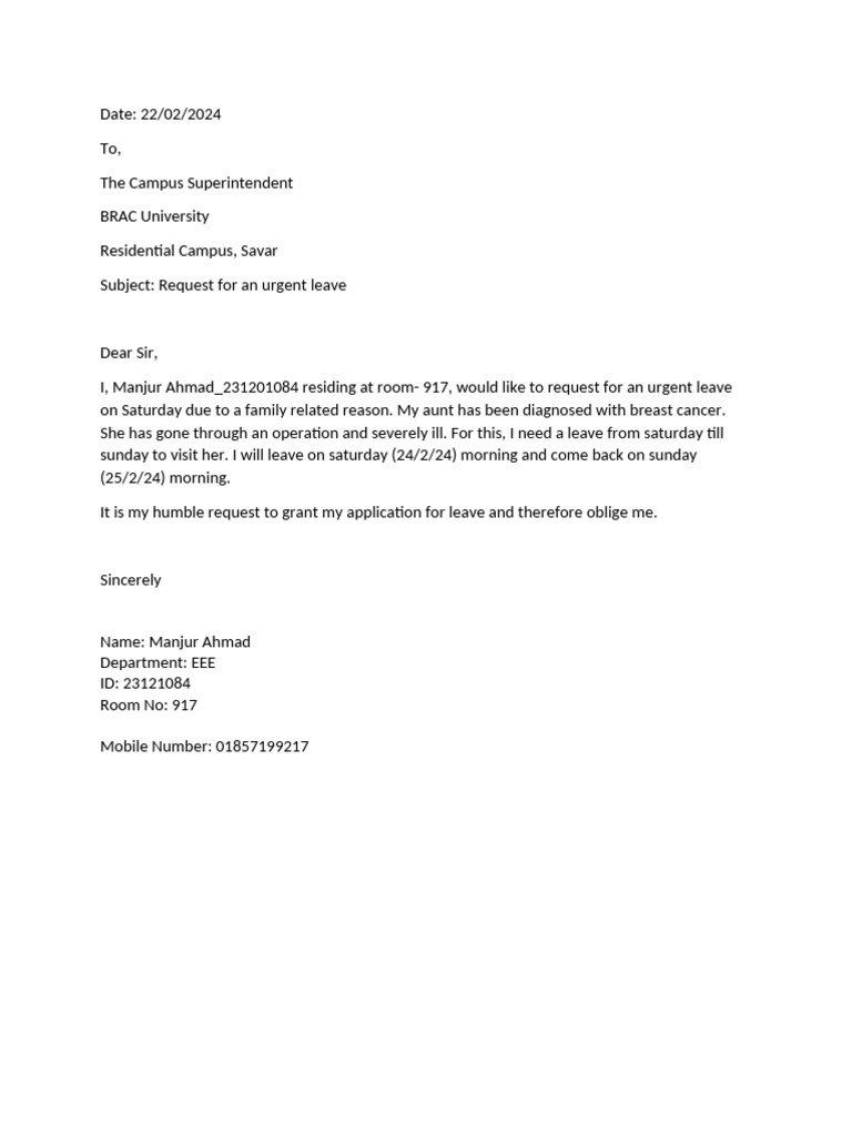 Urgent Leave Request by Manjur Ahmad | PDF