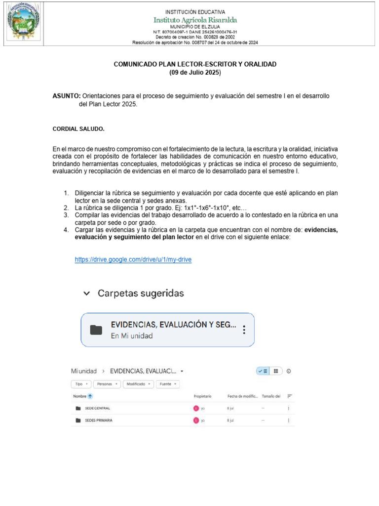 Comunicado Plan Lector, Escritor y Oralidad | PDF