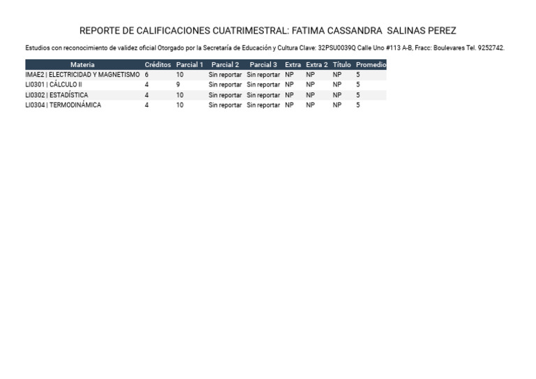 Reporte de Calificaciones Cuatrimestral Fatima Cassandra Salinas Perez ...