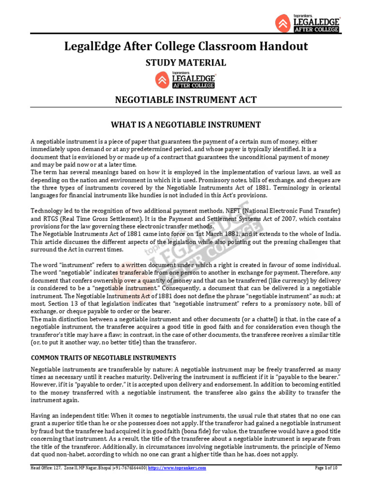 Negotiable Instrument Act | PDF | Negotiable Instrument | Cheque