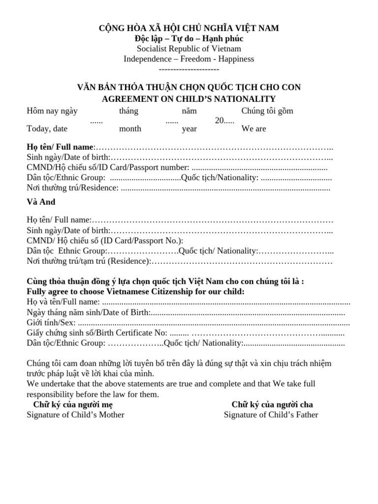 6.van Ban Thoa Thuan Chon Quoc Tich Cho Con | PDF