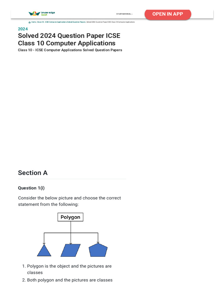 Solved 2024 Question Paper ICSE Class 10 Computer Applications | PDF | Method (Computer ...
