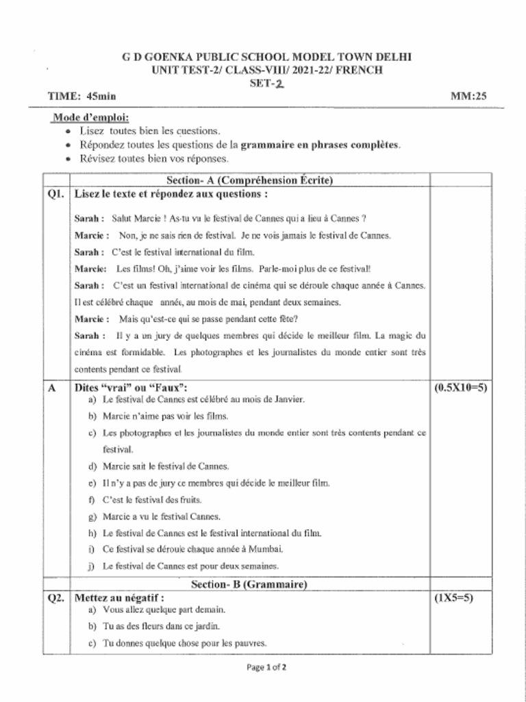 8 French Set 2 Even Roll No Ut 2 QP | PDF