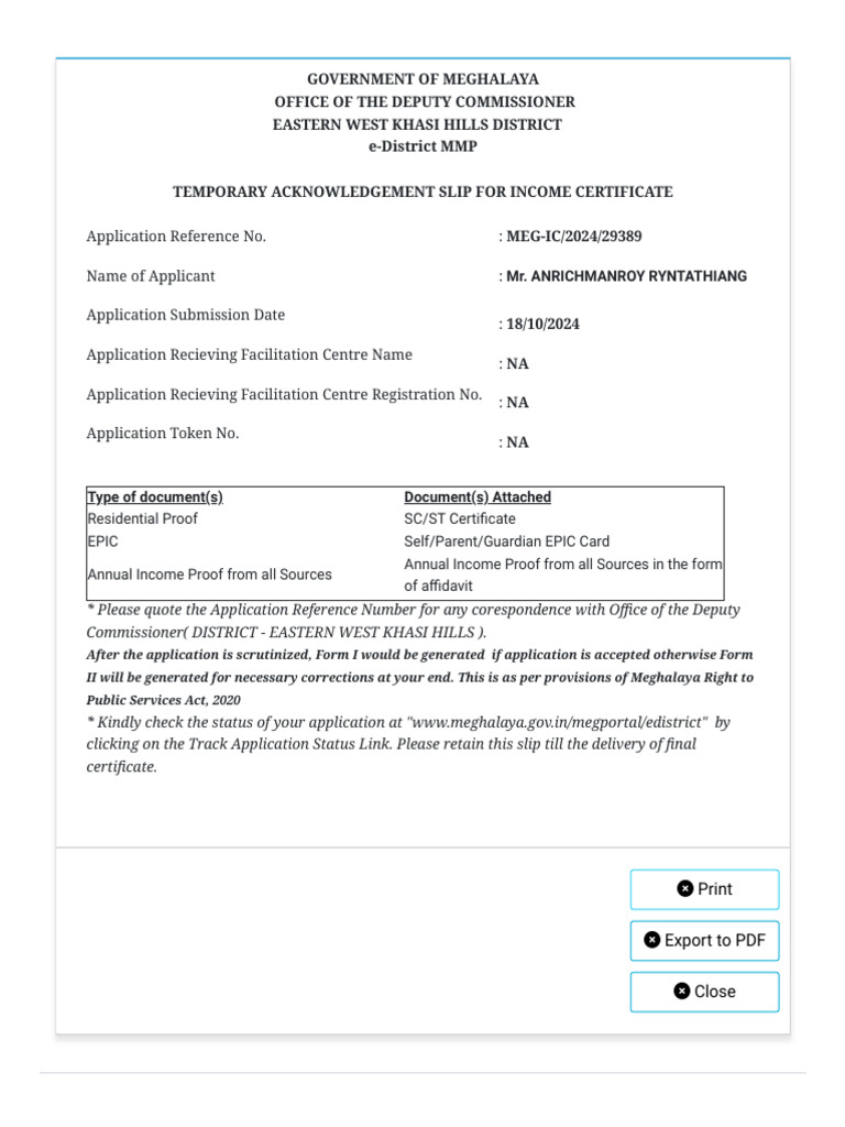 Income Certificate Acknowledgement - Meghalaya | PDF