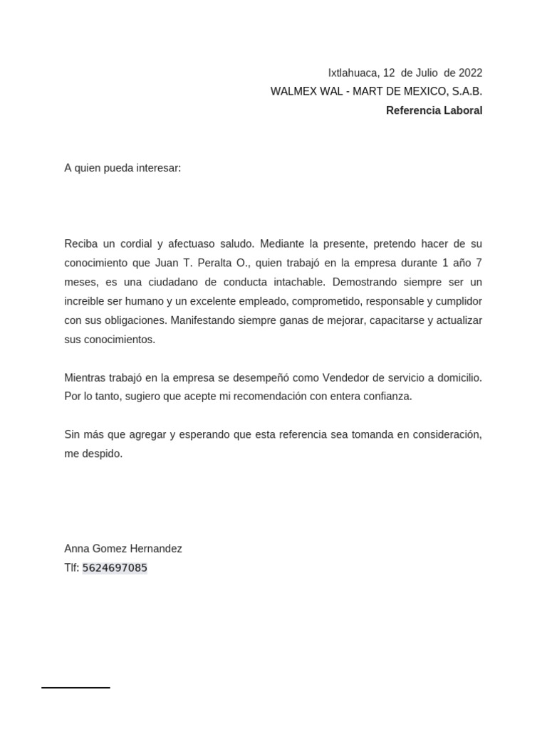 Modelo Carta de Referencia Laboral | PDF