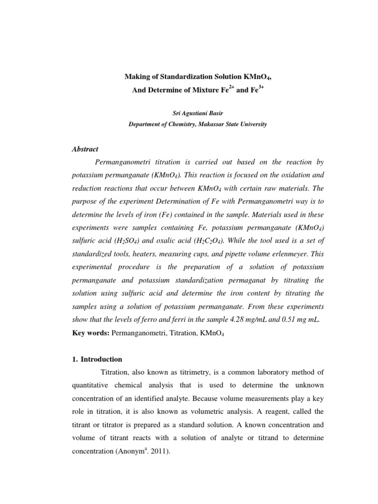 Standardization of KMnO4 Solution | PDF | Titration | Chemistry