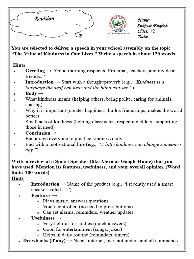 Revision Speech Writing Review Writing MT Class 6 PDF | PDF