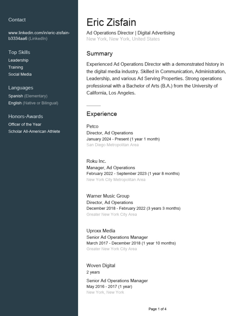 Ad Operations Director Resume - Eric Zisfain | PDF