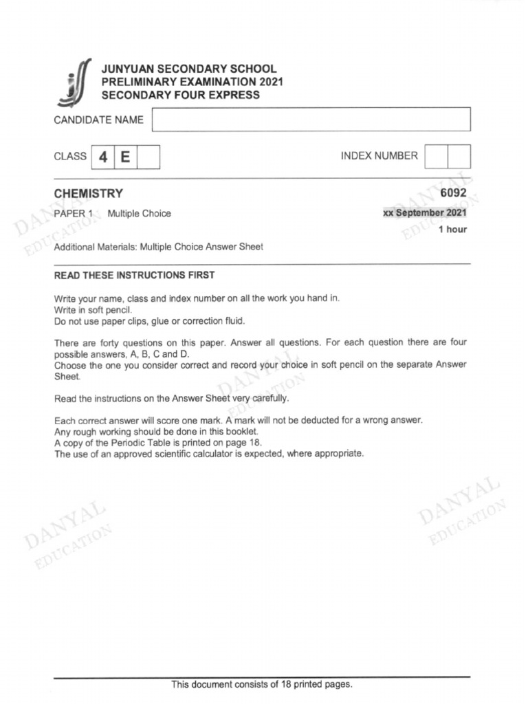 JunYuan Secondary Prelim 2021 Chemistry | PDF | Sodium | Chemical Reactions