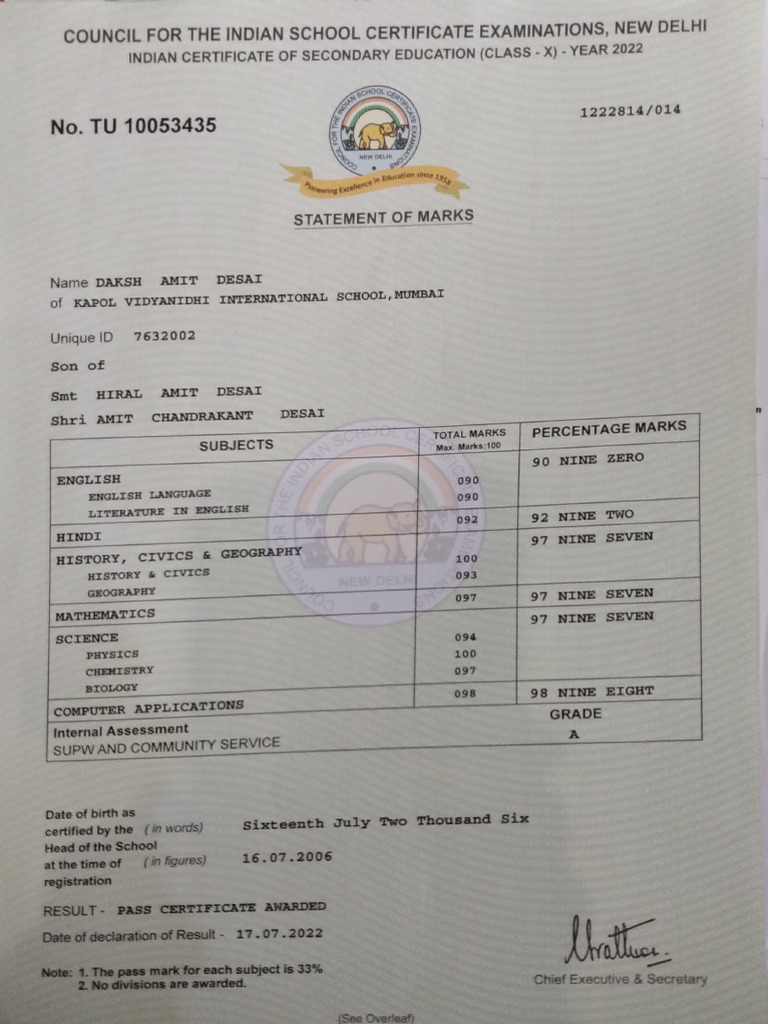 ICSE Class 10 Marks Report Sample | PDF