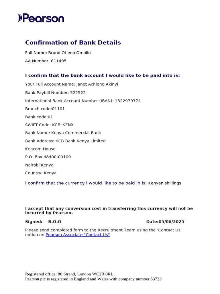 International Bank Details Form 2025 | PDF