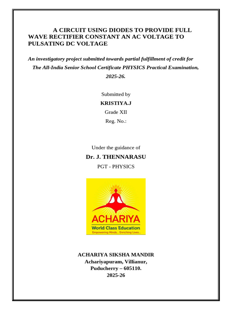 Physics Project Front Pages (1) | PDF | Rectifier | Diode