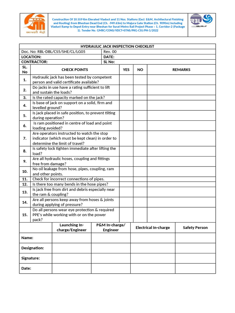 Hydraulic Jack Checklist | PDF