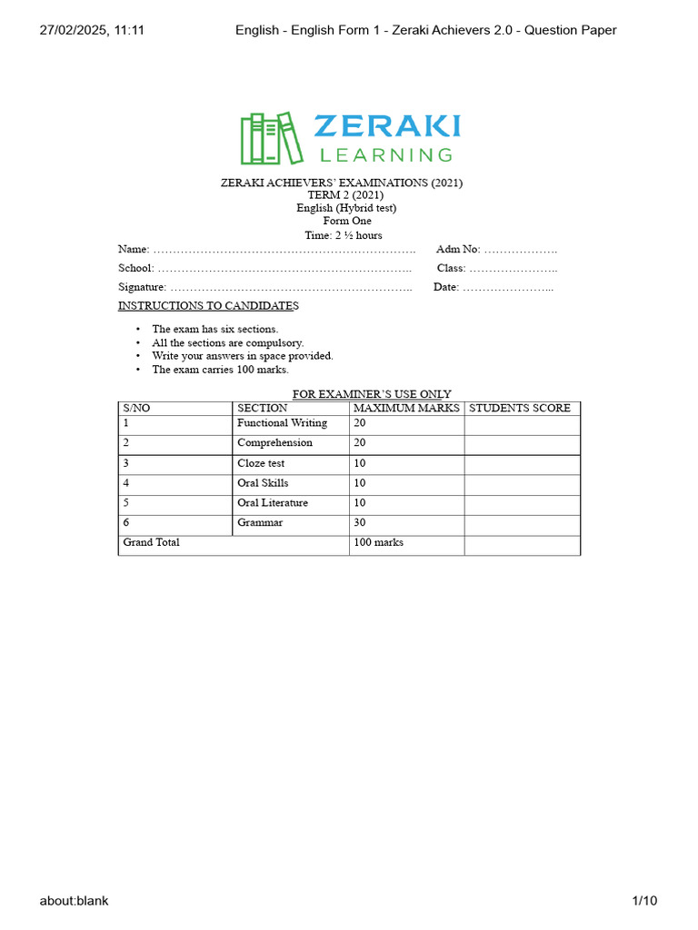 English - English Form 1 - Zeraki Achievers 2.0 - Question Paper | PDF ...