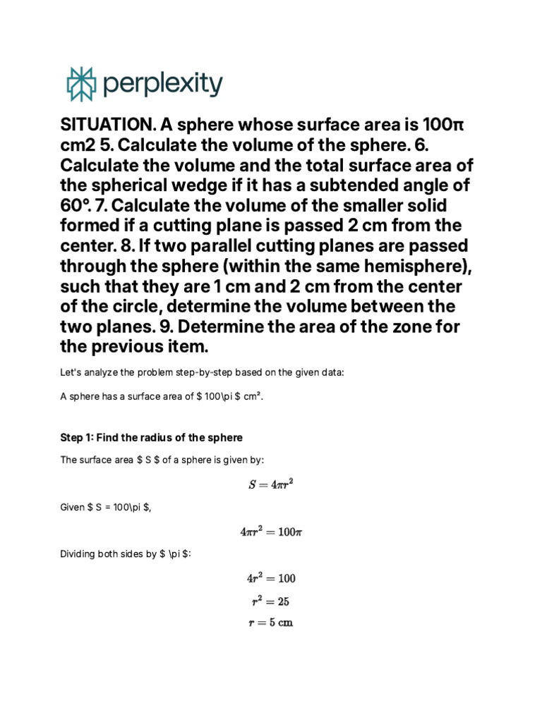 SITUATION. A sphere whose surface area is 100π cm2 | PDF