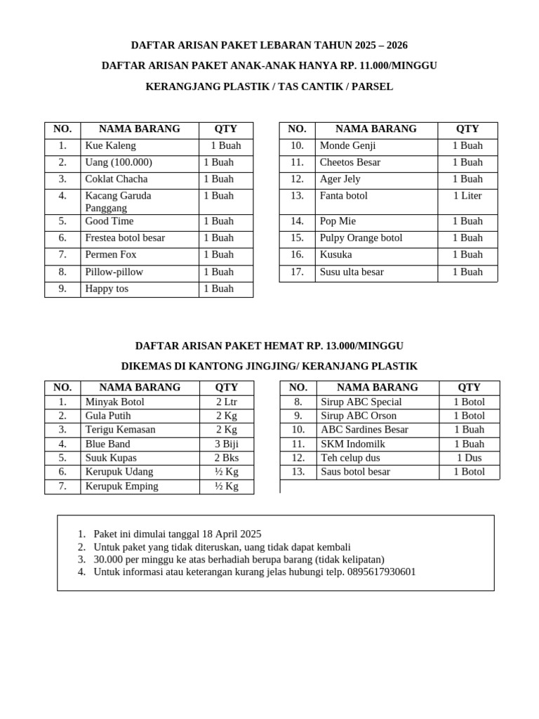 Daftar Arisan Paket Lebaran Tahun 2024 | PDF