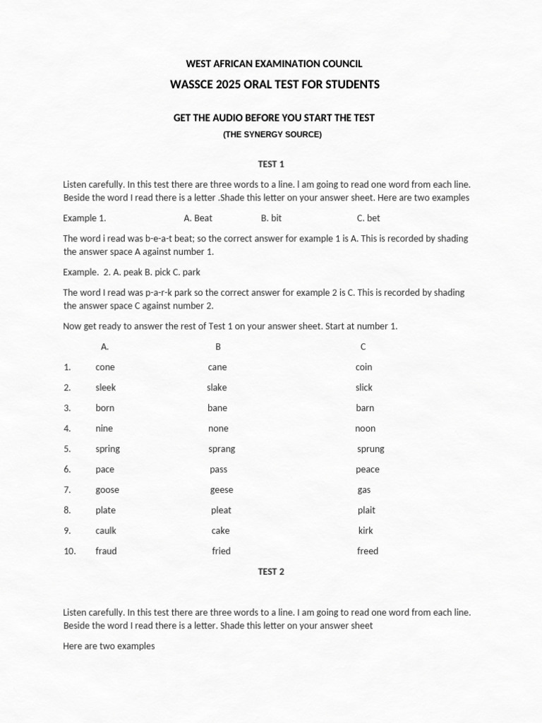 Wassce 2025 English Orals (Test Questions) Syn1 | PDF