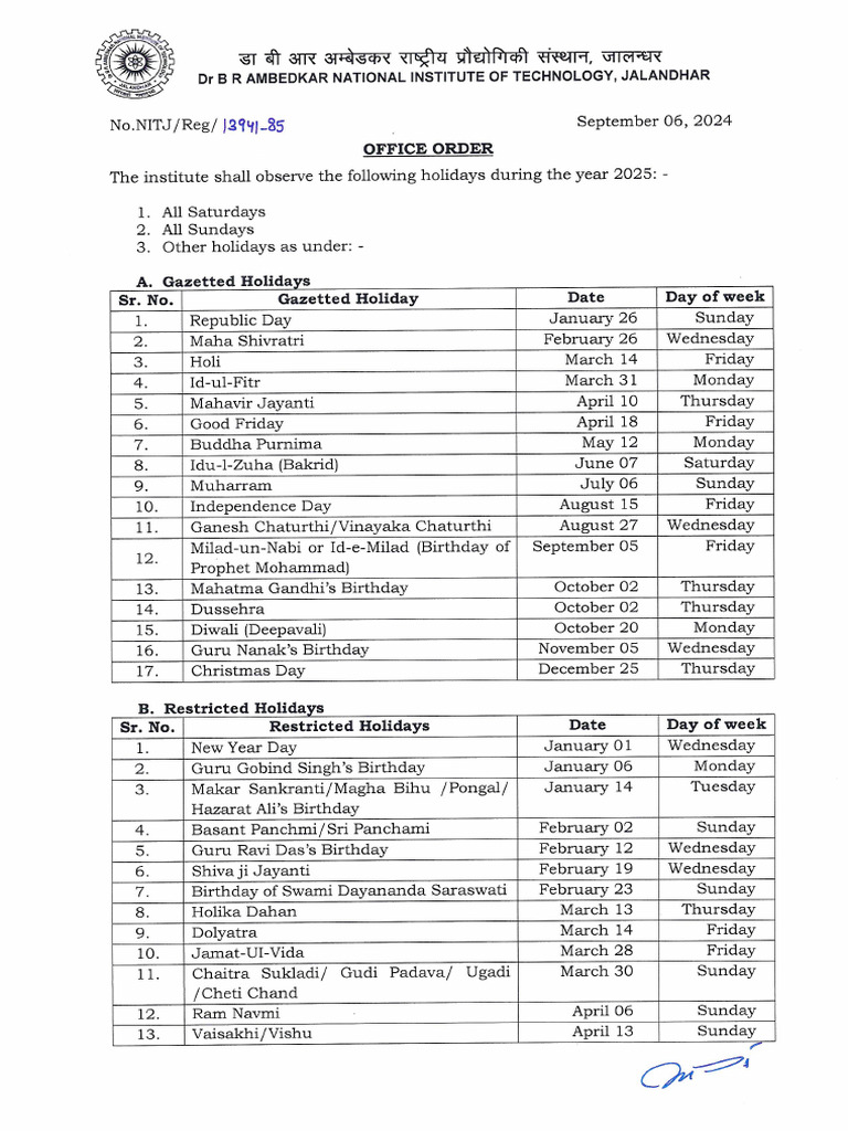 1725619245118-Office Order (List of Holidays - 2025) | PDF
