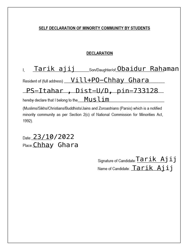 Self Declaration of Minority Community by Students | PDF