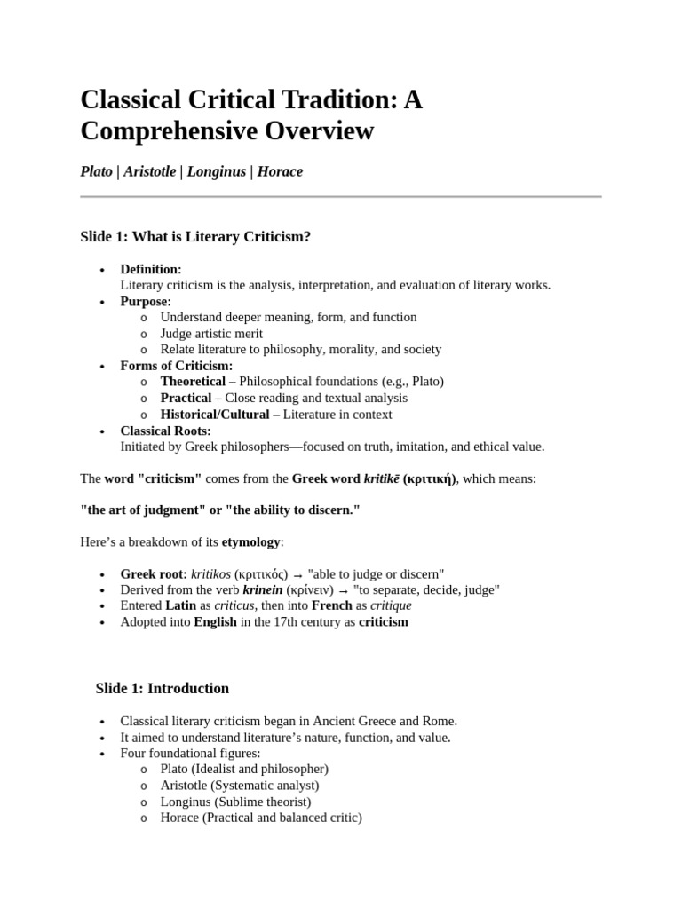 Classical Literary Criticism Overview | PDF | Aristotle | Poetics ...