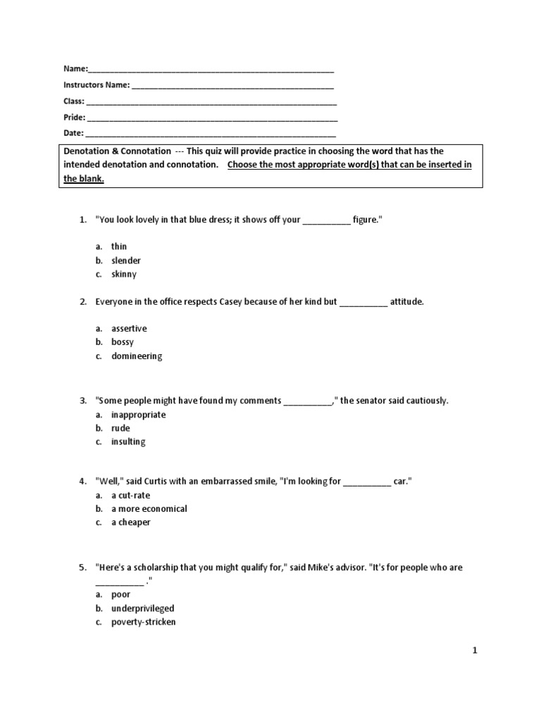 Connotation and Donnation Quiz | PDF