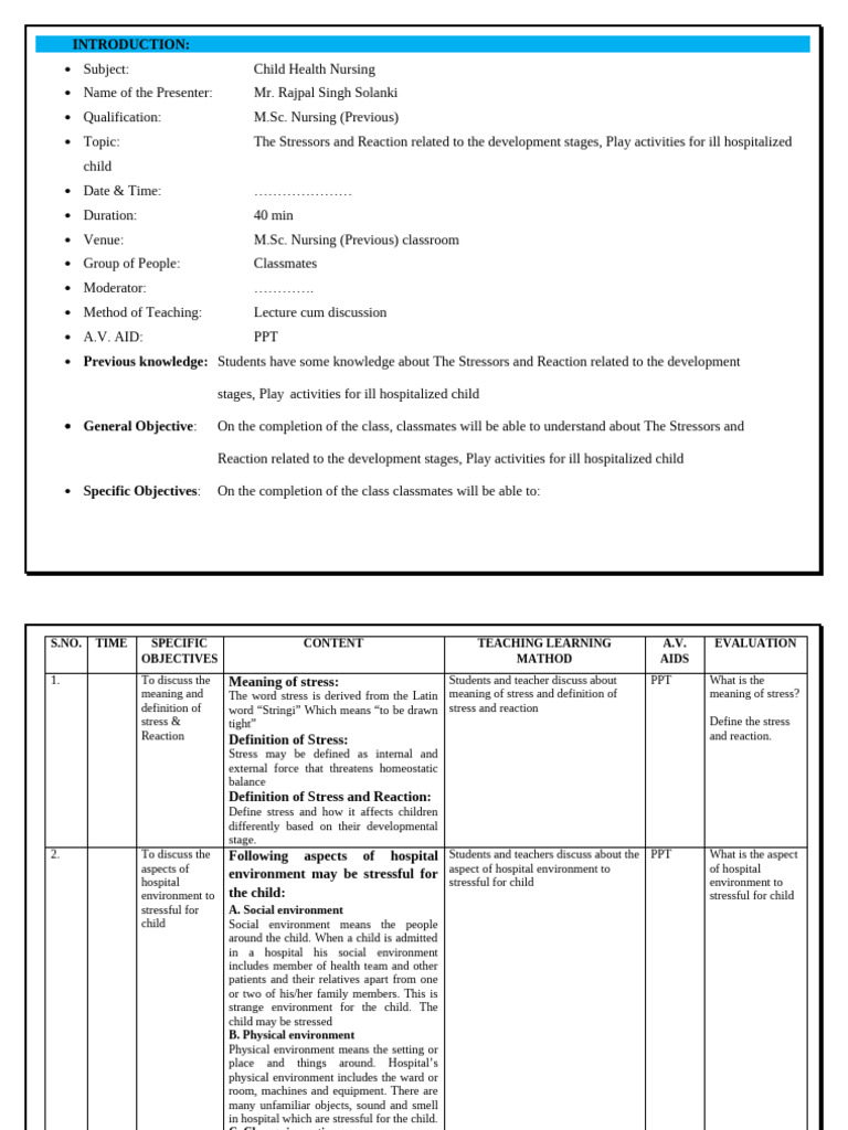 Lesson Plan On Assignment On Stressors & Reactions Related To The Development Stages, Play ...