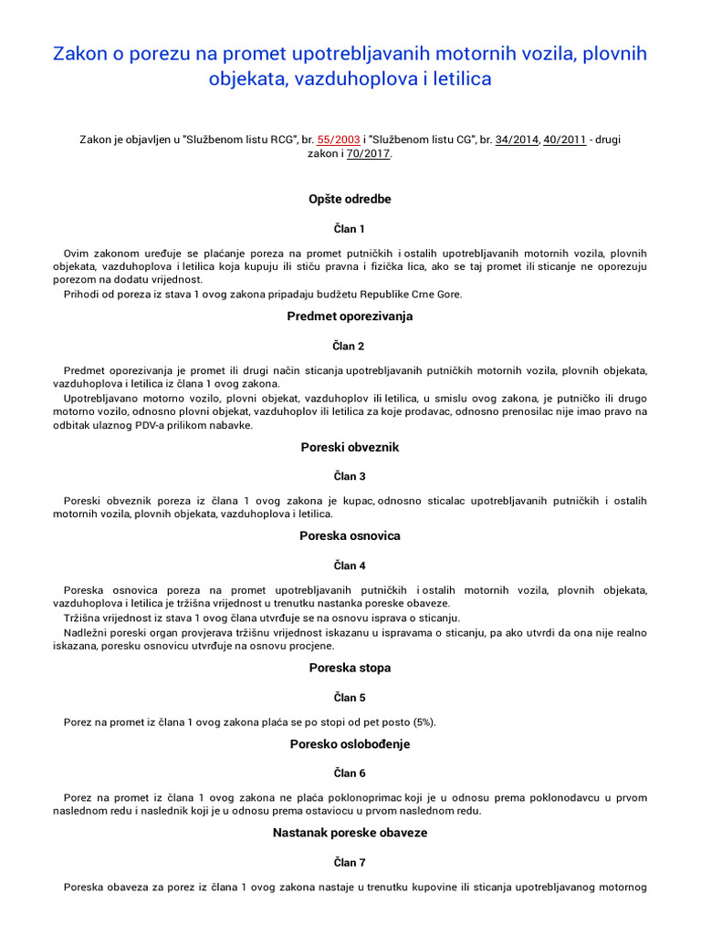 Zakon o Porezu Na Promet Upotrebljavanih Motornih Vozila Plovnih Objekata Vazduhoplova I ...