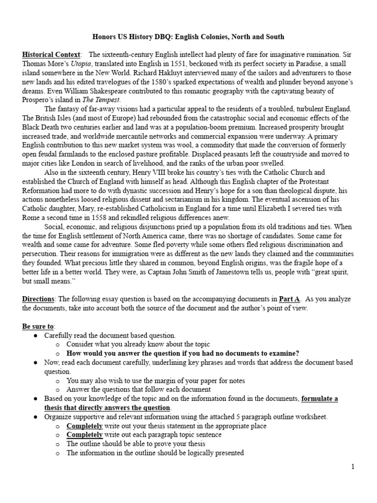 DBQ New England Vs Chesapeake | PDF | Massachusetts Bay Colony | Paragraph