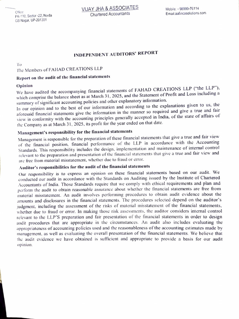 Independent Auditor's Report for FAHAD CREATIONS | PDF | Audit | Accounting