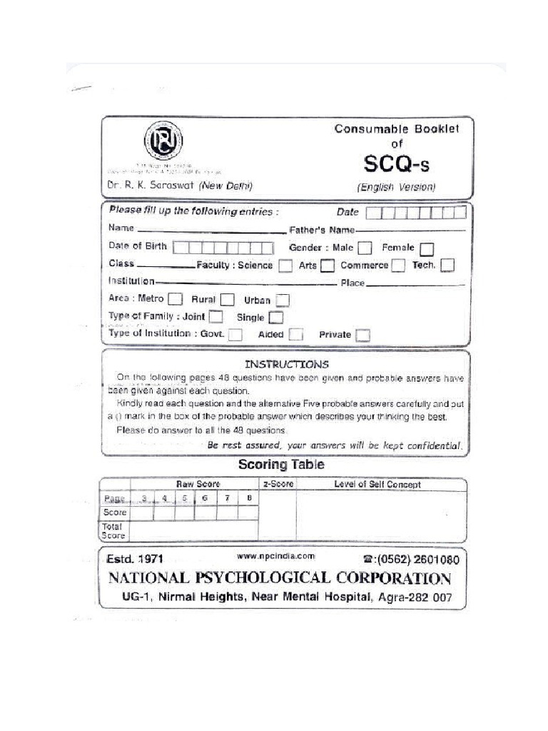 Self-Concept Questionnaire PaWB | PDF