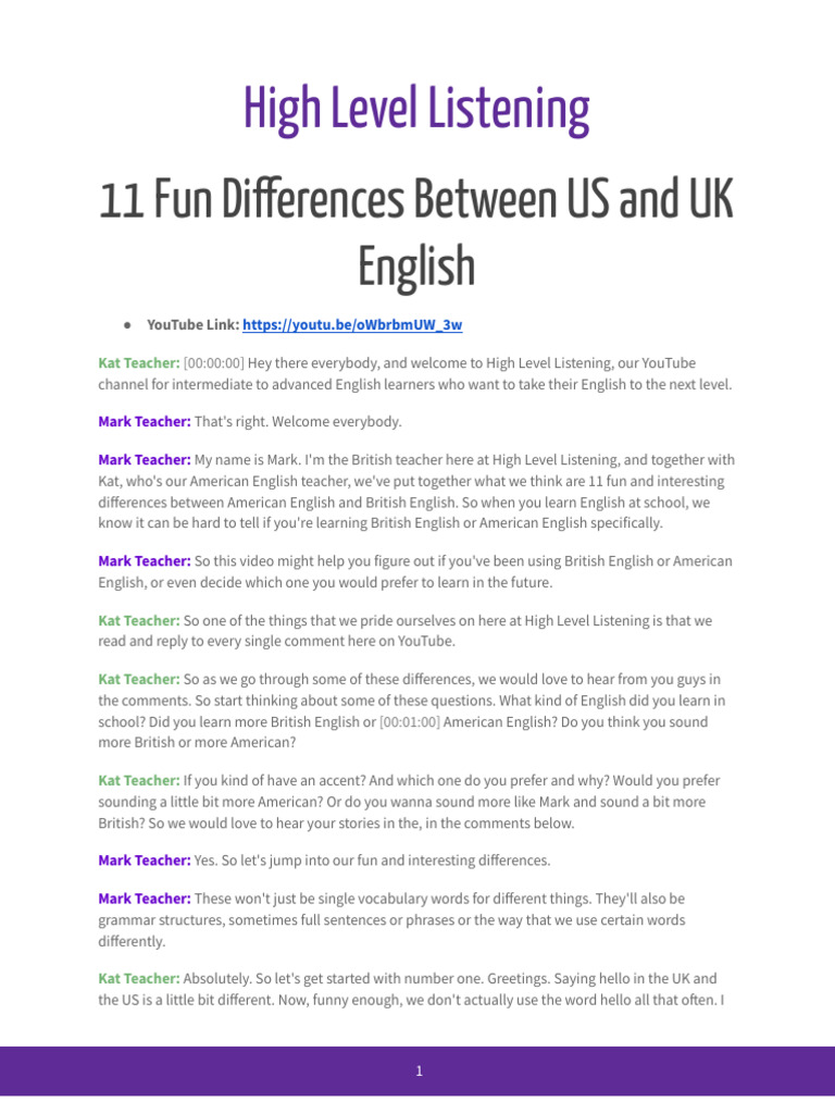 HLL Transcripts 11 Differences Between UK and US English | PDF ...