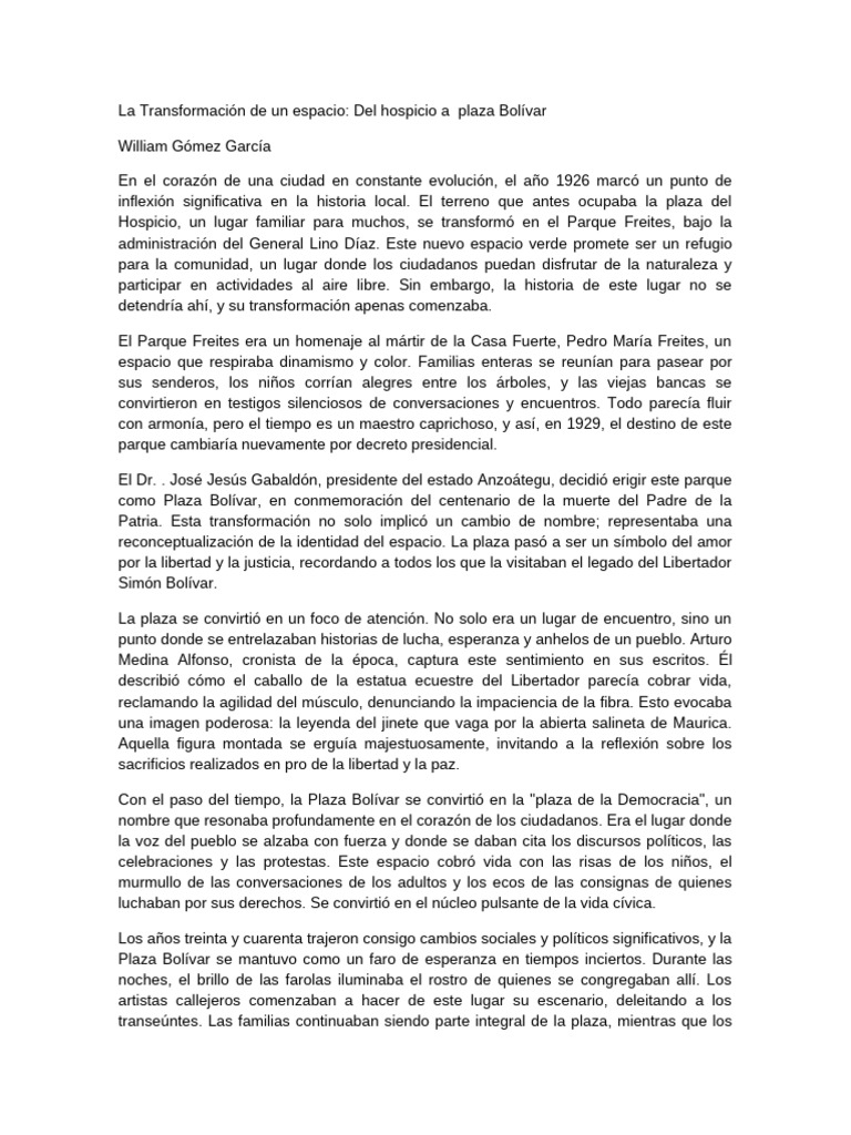 De Hospicio a Plaza Bolívar: Historia y Cambio | PDF