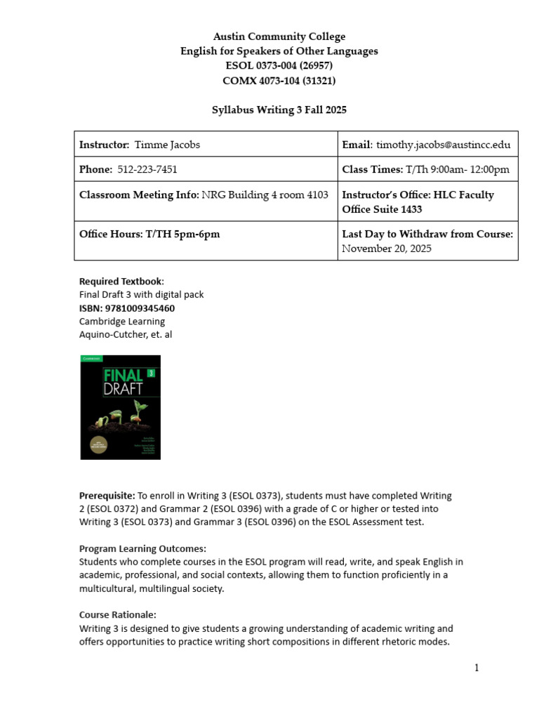 JACOBS ESOL 0373-004 Writing 3 Syllabus F25 | PDF | English As A Second ...