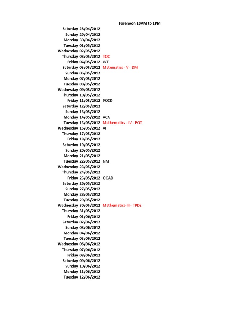 Forenoon Schedule: April-May 2012 | PDF
