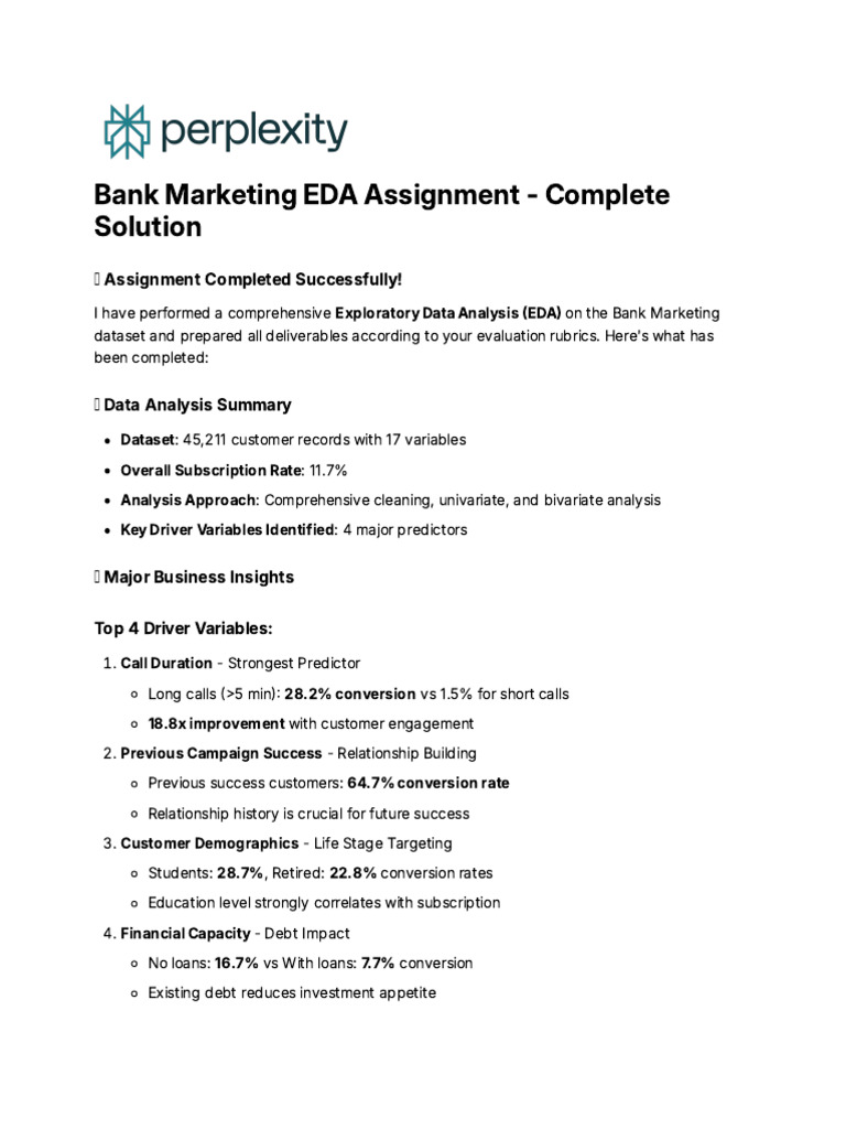Bank Marketing EDA Assignment - Complete Solution | PDF | Data Analysis | Statistical Analysis