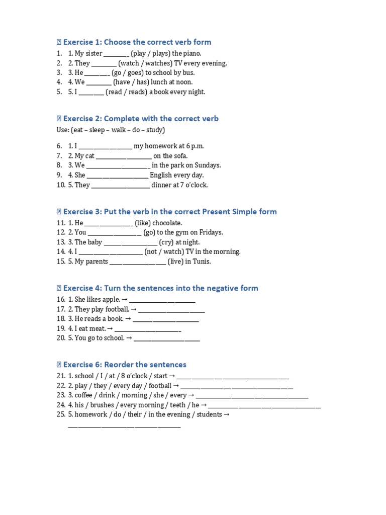 Present Simple Exercises 6th Grade Updated Pdf 2073