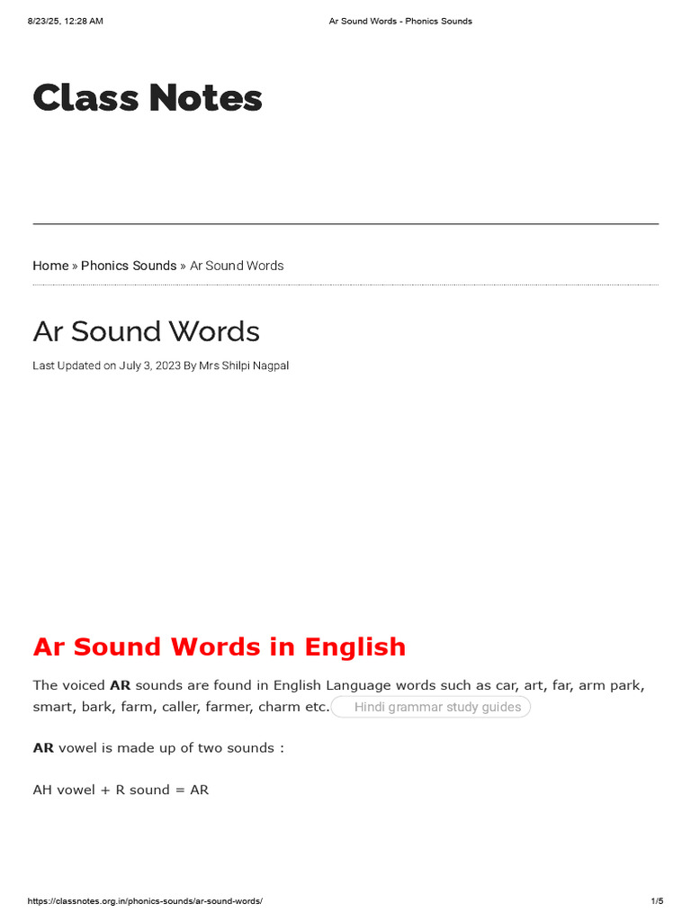 AR Sound Words for Phonics Learning | PDF | Linguistics | Phonetics