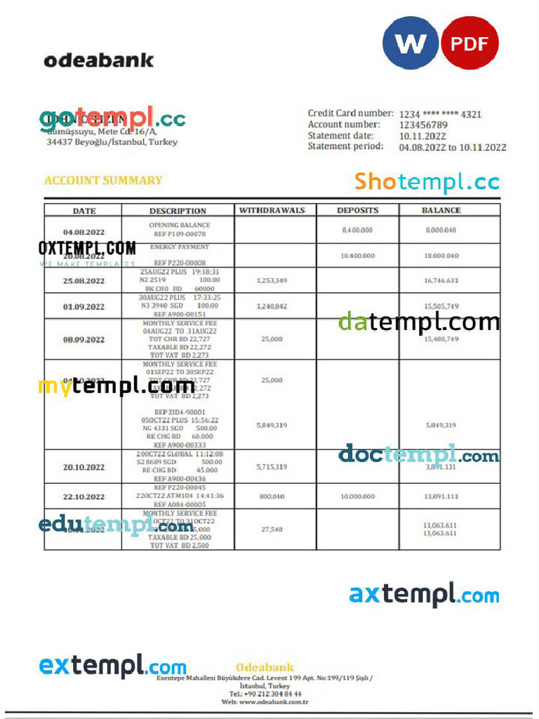 Doctempl - Turkey Odeabank Bank Statement Template in .Doc and .PDF ...